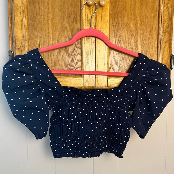 Papaya | Tops | Papaya Navy Blue Polkadot Smocked Cropped Top Wpuff ...